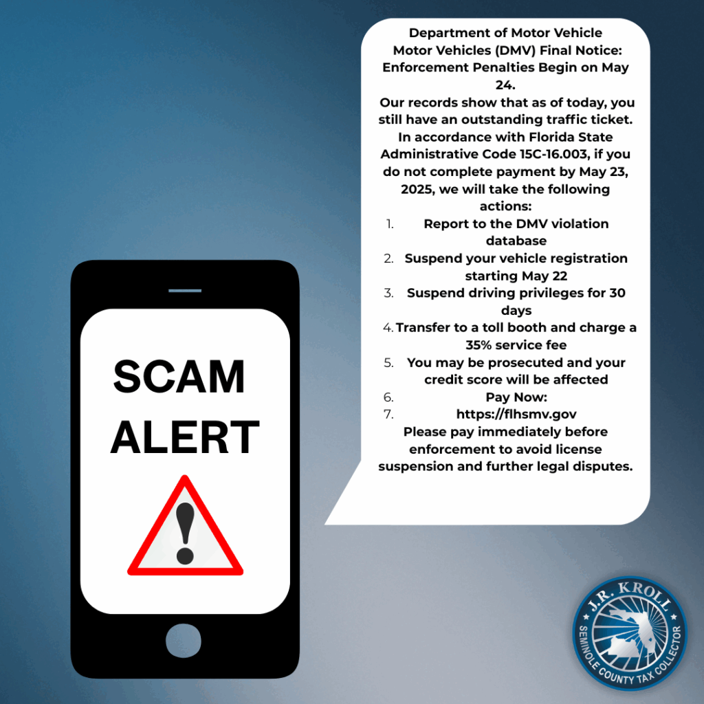 Scam Text Alert - Be Aware! | Seminole County Tax Collectors